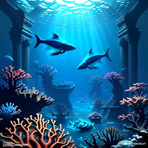 Digital painting. A school of biomechanical fish swims through the ...