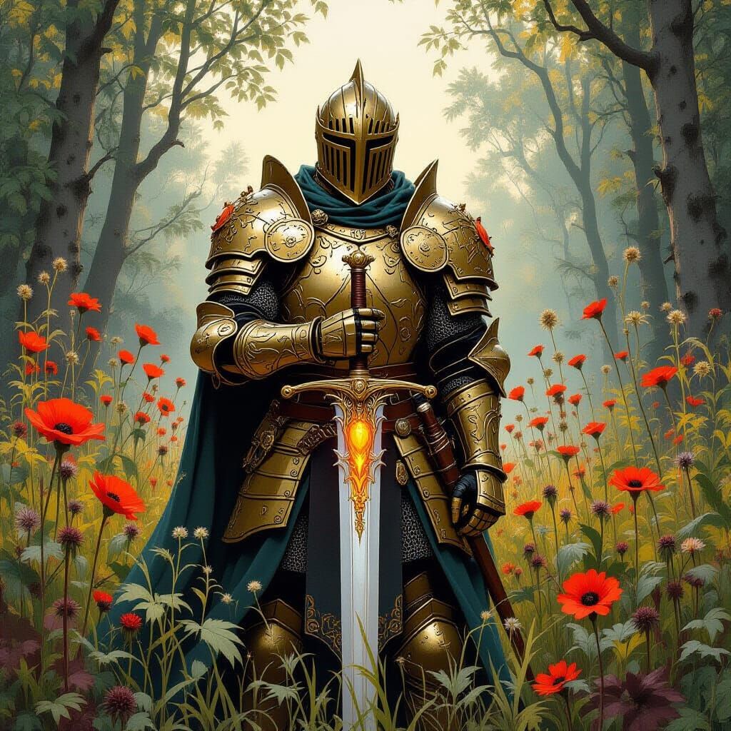 Knight in Gold Armor Amidst Overgrown Forest - AI Art
