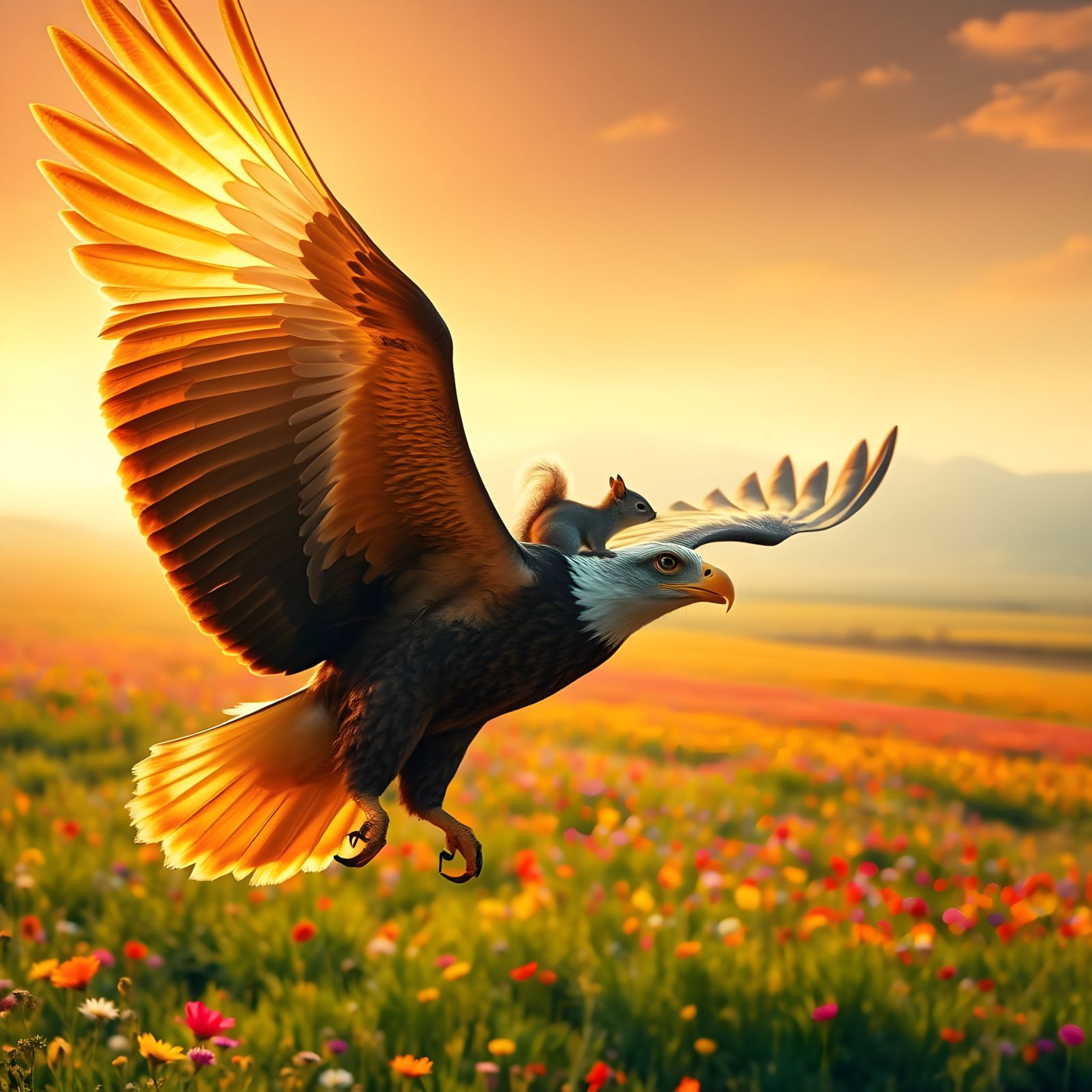 Squirrel Soars on Golden Eagle Over Wildflower Mea... - AI Art