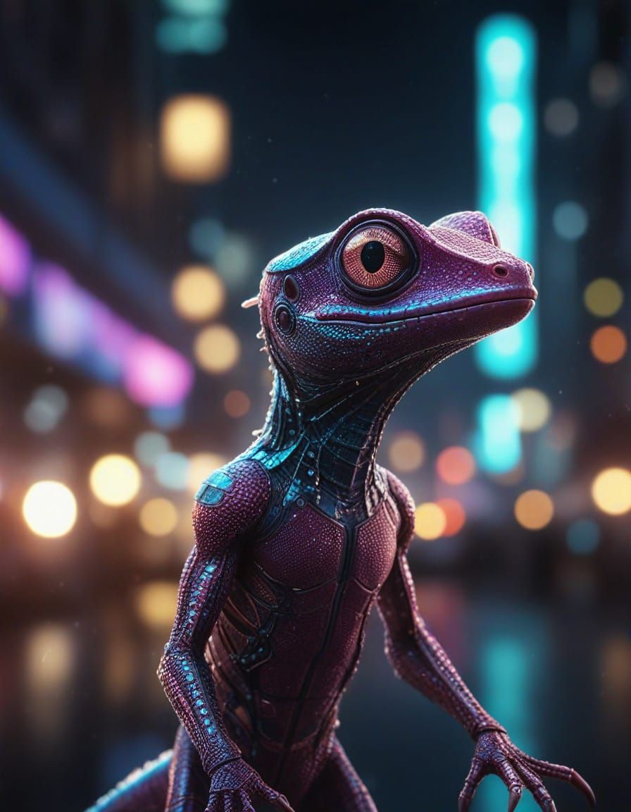Ethereal Alien Gecko in Futuristic Cityscape - AI Art
