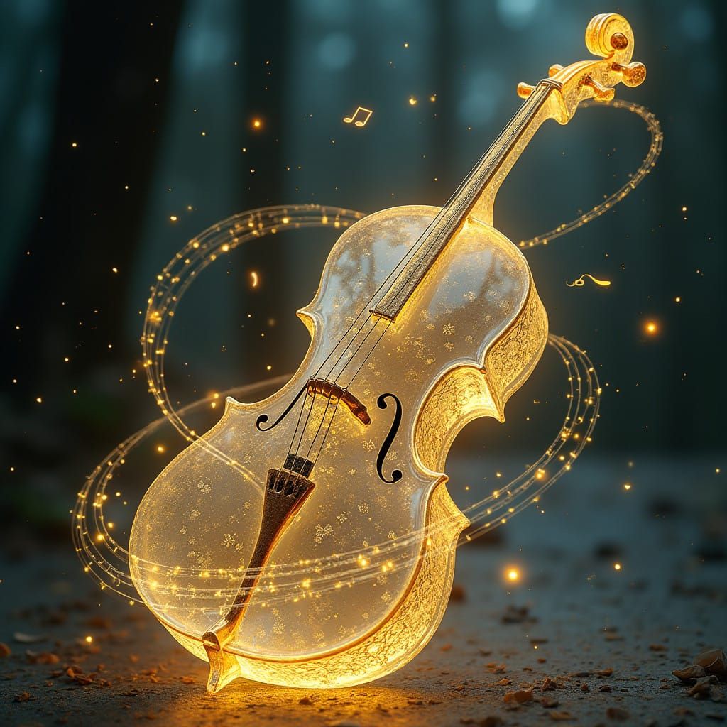 An ornate cello made of crystal-clear glass and gold, intricately ...