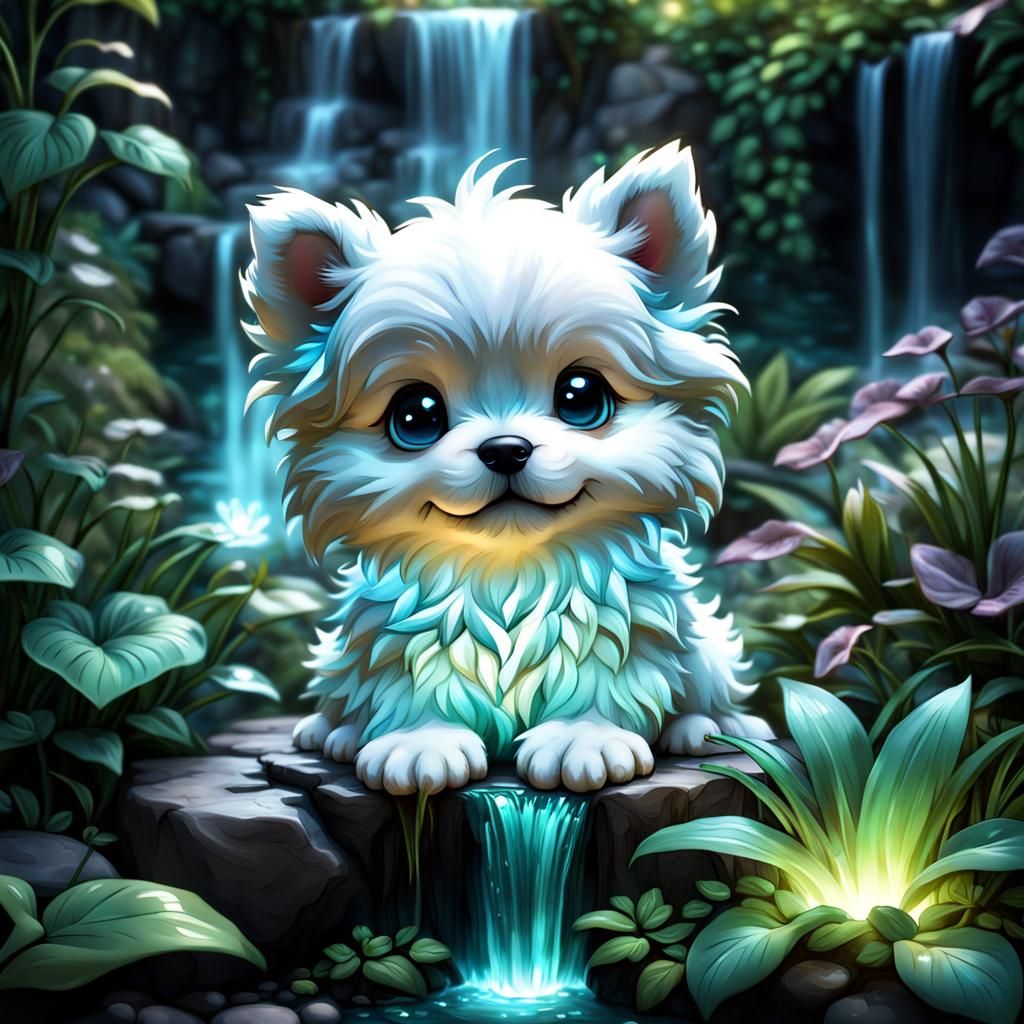 adorable cute chibi baby furry Puppy with a bioluminescent Waterfall in ...