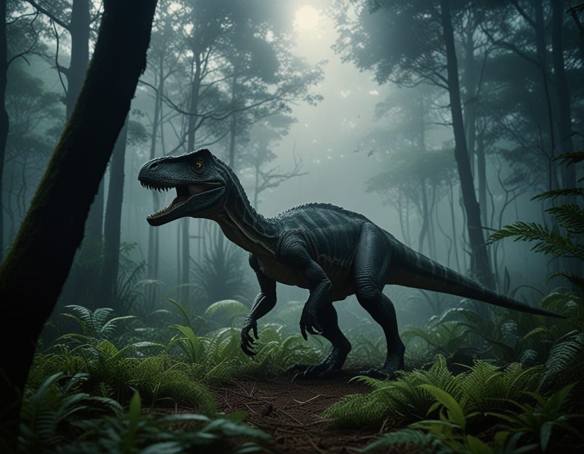 Velociraptor Stalks Prey in Jurassic Park's Myster... - AI Art