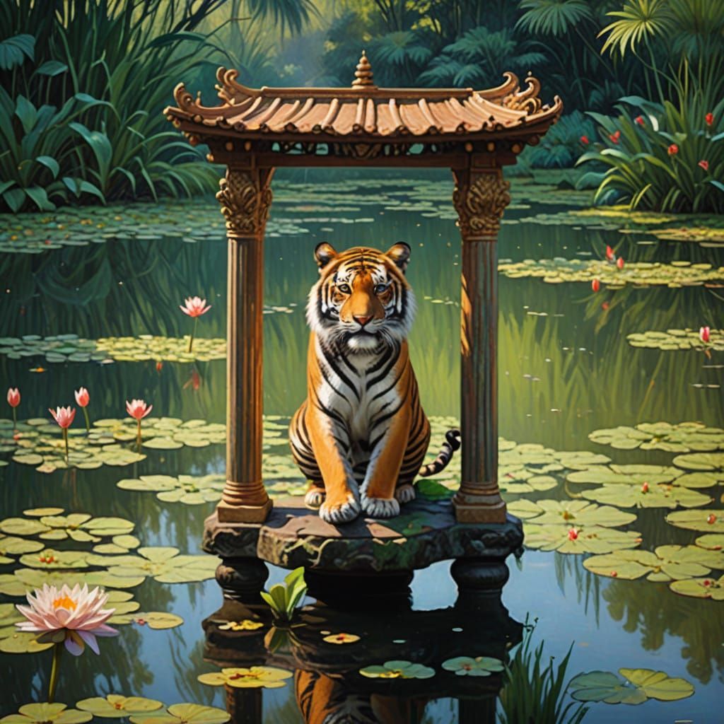 Tiger Island - Tiger Serenely Wades Through Lush Lily Pond i...