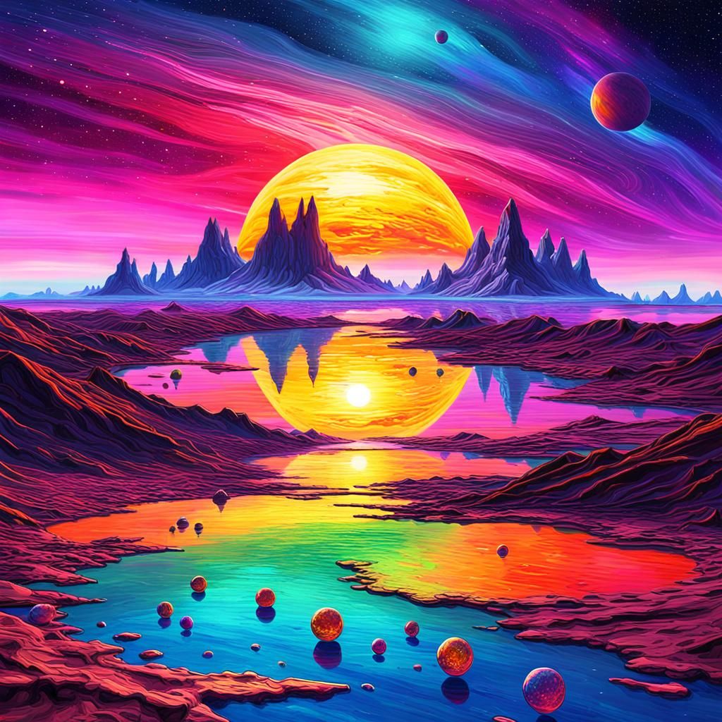 alien sunset over a planet with two binary stars,a world of glittering ...