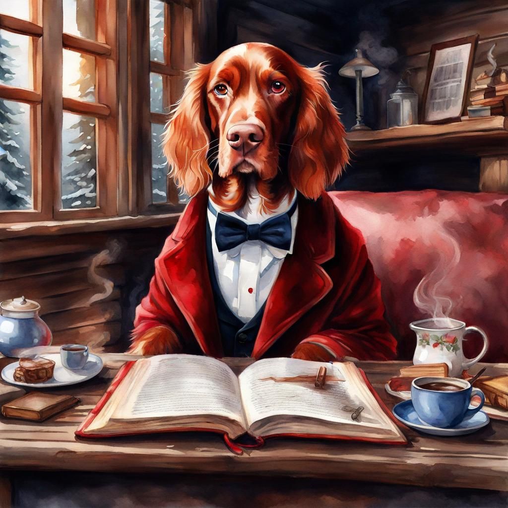 Red Setter reading a book in a log cabin - AI Generated Artwork ...