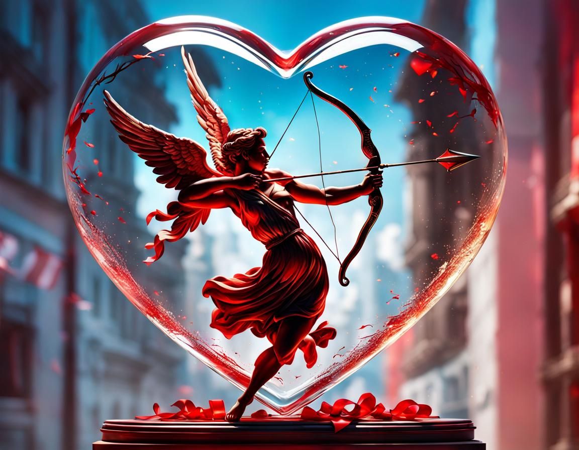 Cupid shooting an arrow at a couple causing them to fall in love. The ...