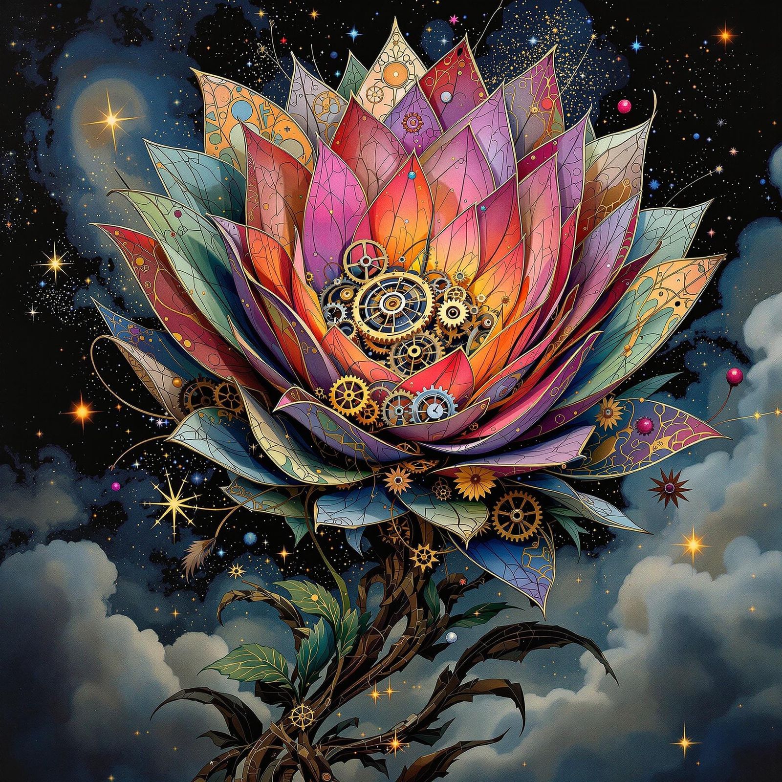 A clockwork flower unfurling its gears and petals Tim Burton Dan Mumford intricately detailed ...