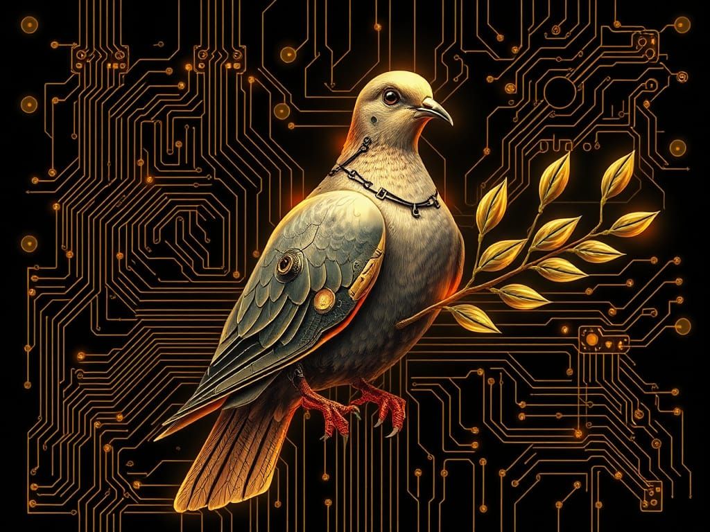 Cyberpunk Dove Portrait in Golden Teslapunk Style - AI Art