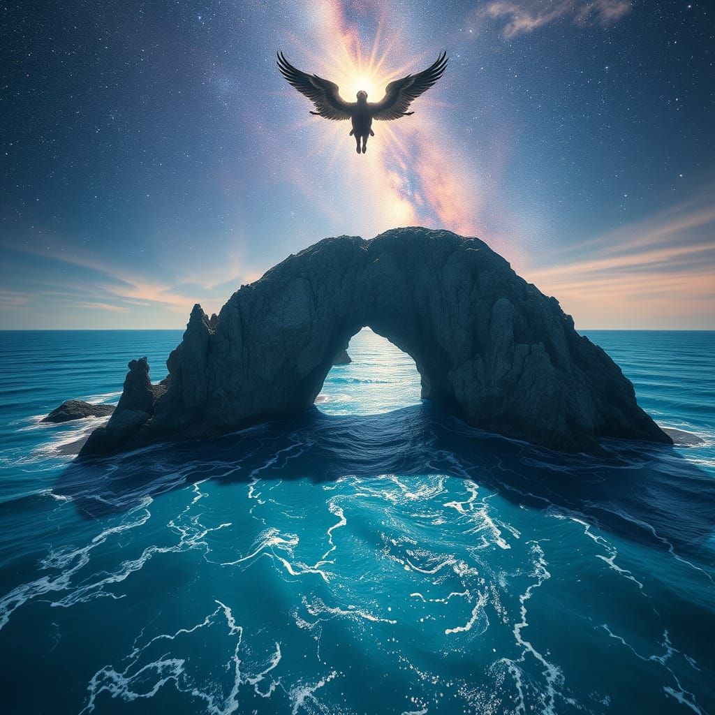 Winged Gods Soar Above a Serene Oceanic Landscape - AI Art