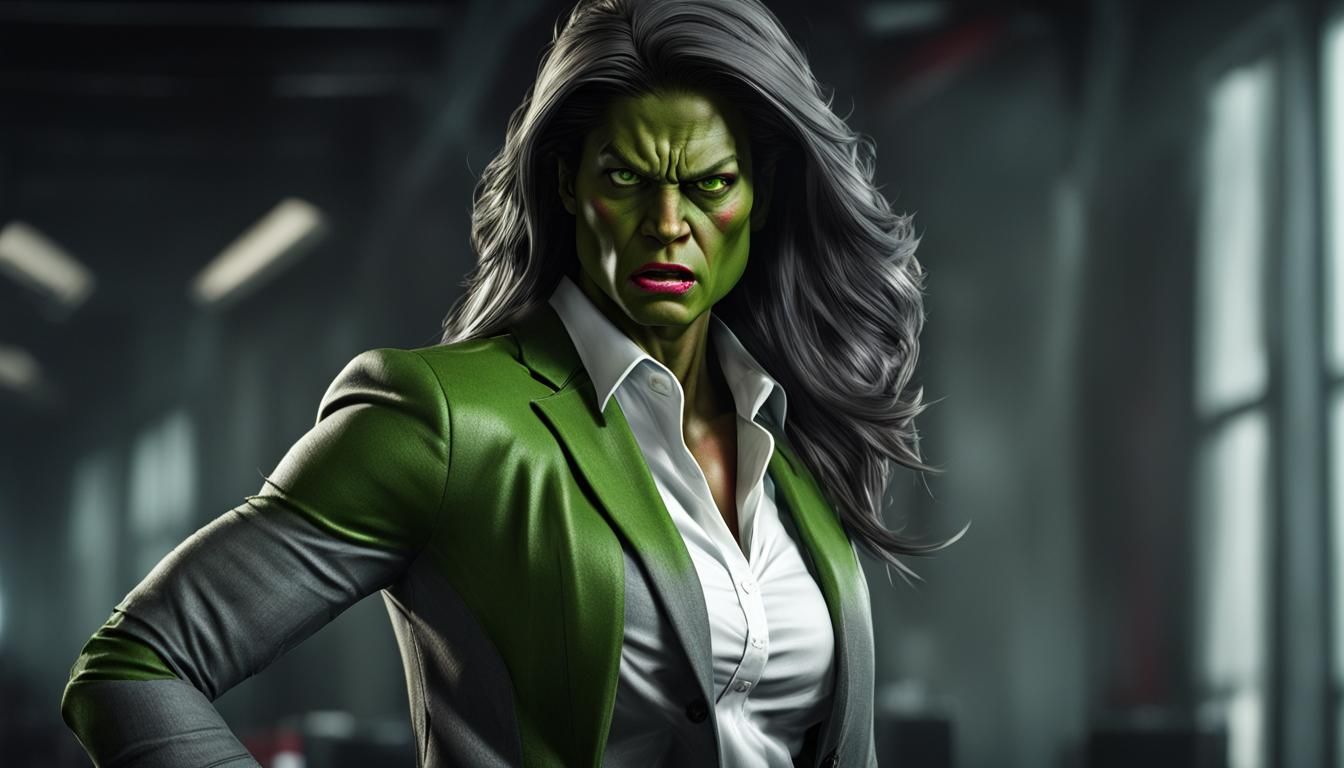 ANGRY She-Hulk is office, workplace. Green skin on body, dressed in a ...