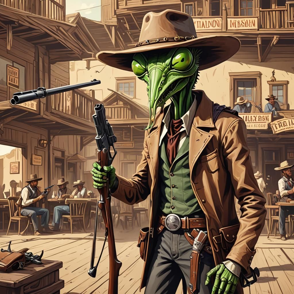 Wild West Praying mantis wearing a cowboy hat and holding a rifle, in a ...