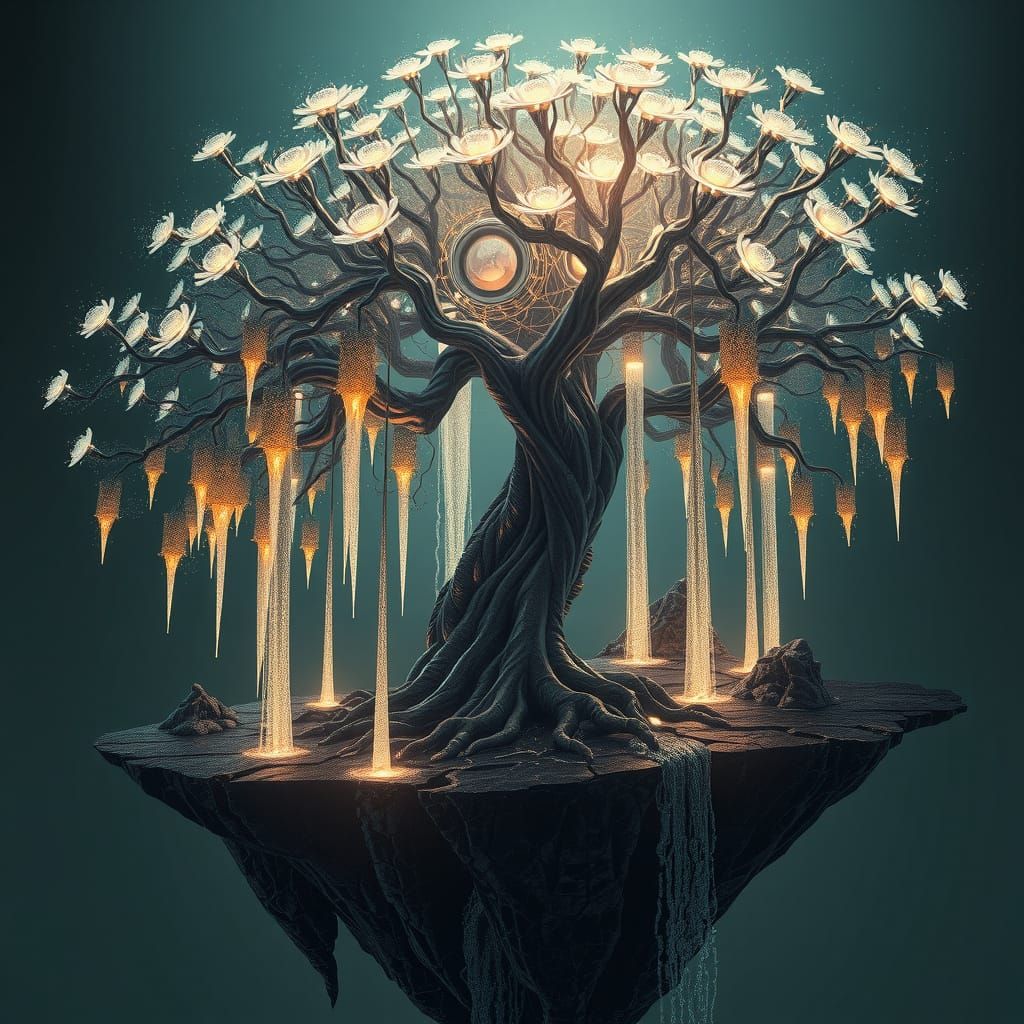 Twisted Biomechanical Tree Blooms on Obsidian Isla... - AI Art