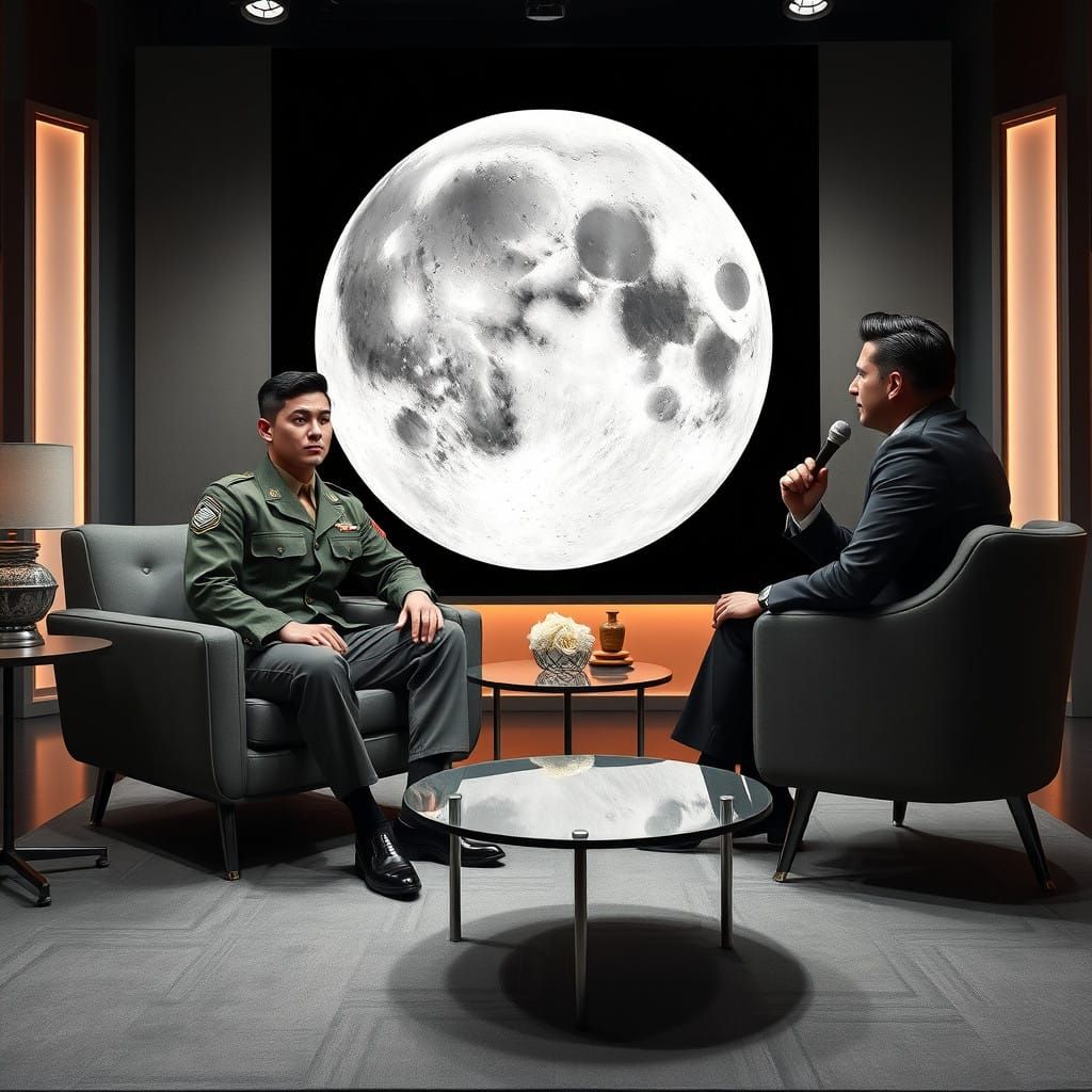 A 1950's American Soldier being interviewed on a live talk show.