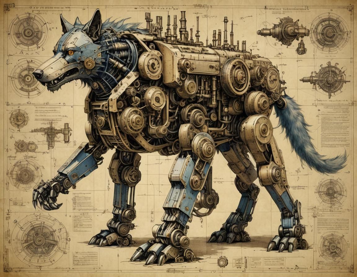 Accurate finely detailed blueprints of a robot wolf, steampunk engine ...