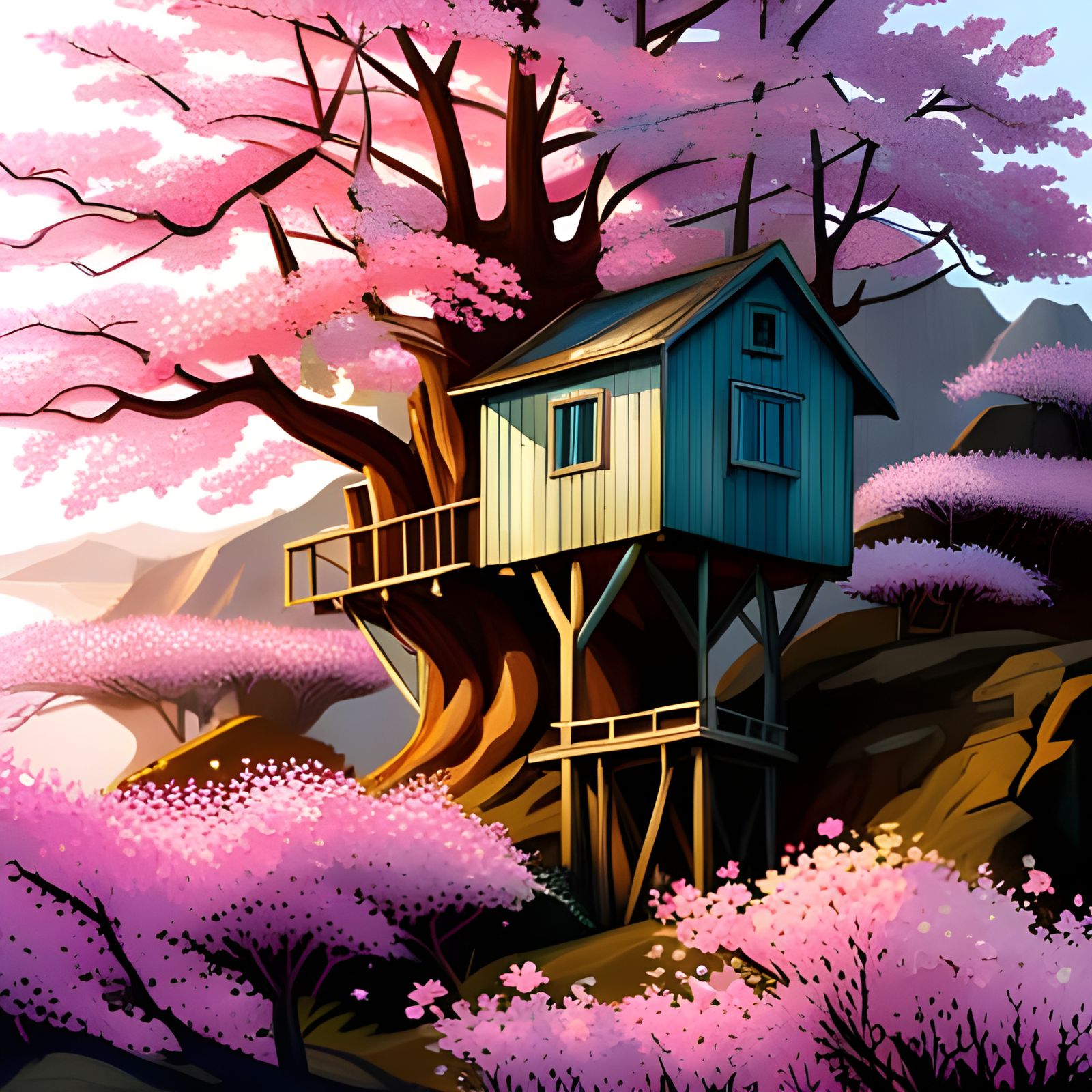 Cherry Blossom Treehouse - AI Generated Artwork - NightCafe Creator