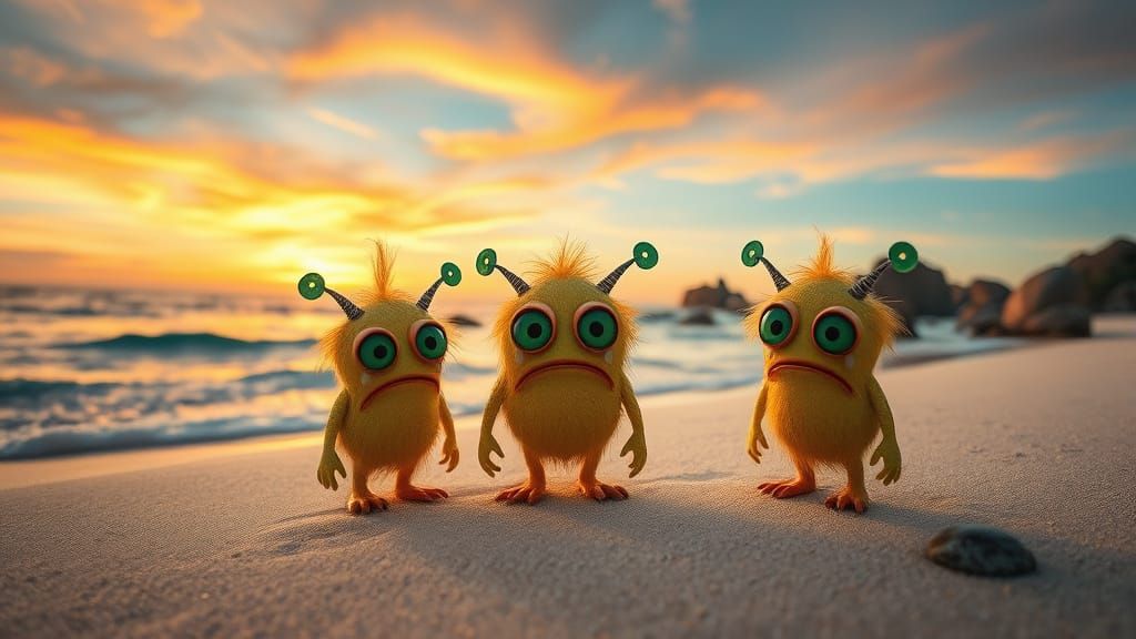 Whimsical Beach Monsters with a Touch of Melanchol... - AI Art