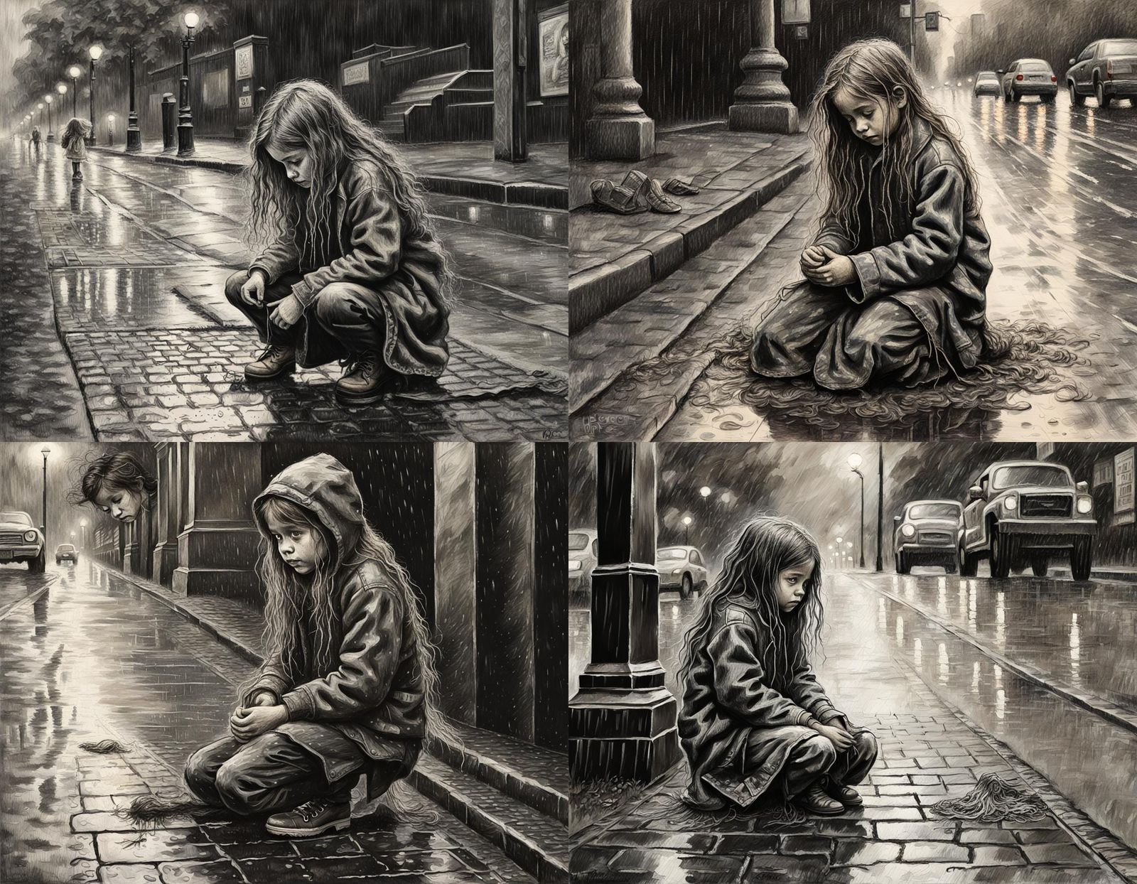 Young girl dressed in ragged condition clothing long stringy hair ...