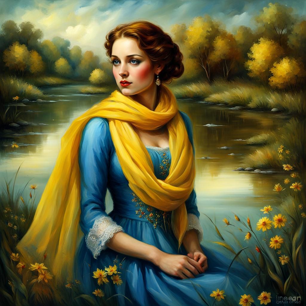 Beautiful woman at the riverbank. By Alexander Janssen - AI Generated ...