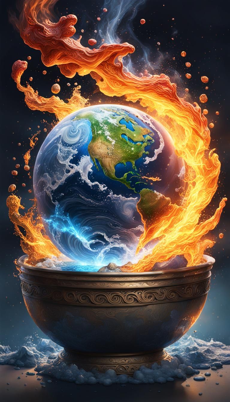 an alchemist adds earth, air, fire and water together to form a new ...