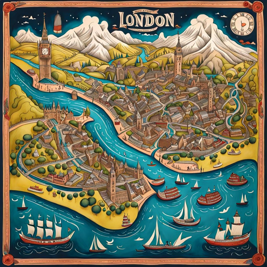 A whimsical , fun hand drawn map of London - AI Generated Artwork ...