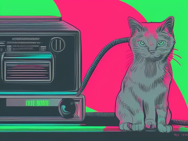RetroWave cat next to a radio - AI Generated Artwork - NightCafe Creator