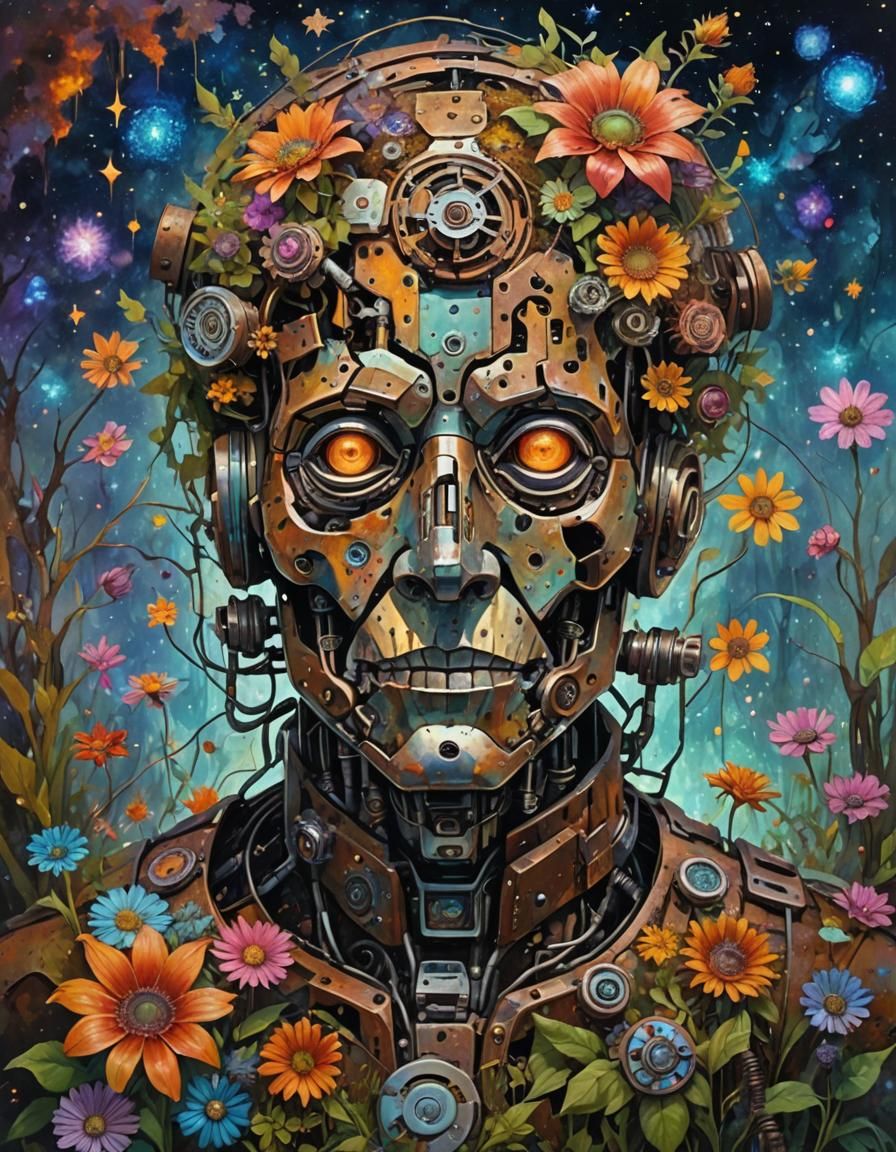 (beautiful aesthetic artwork of a old broken cyborg made of intricately ...