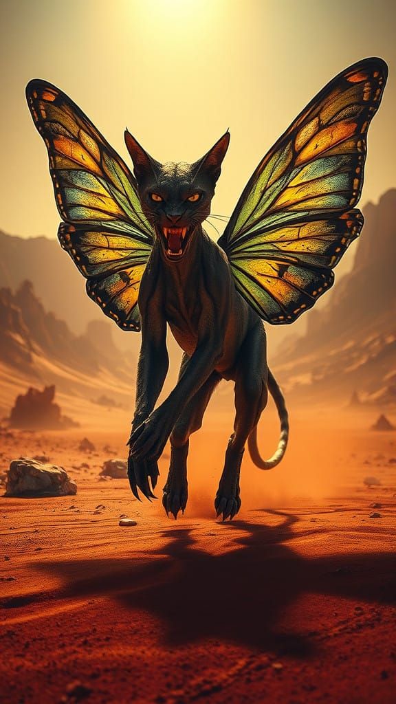 Surreal Hybrid Feline Butterfly Creature in Arid D... - AI Art