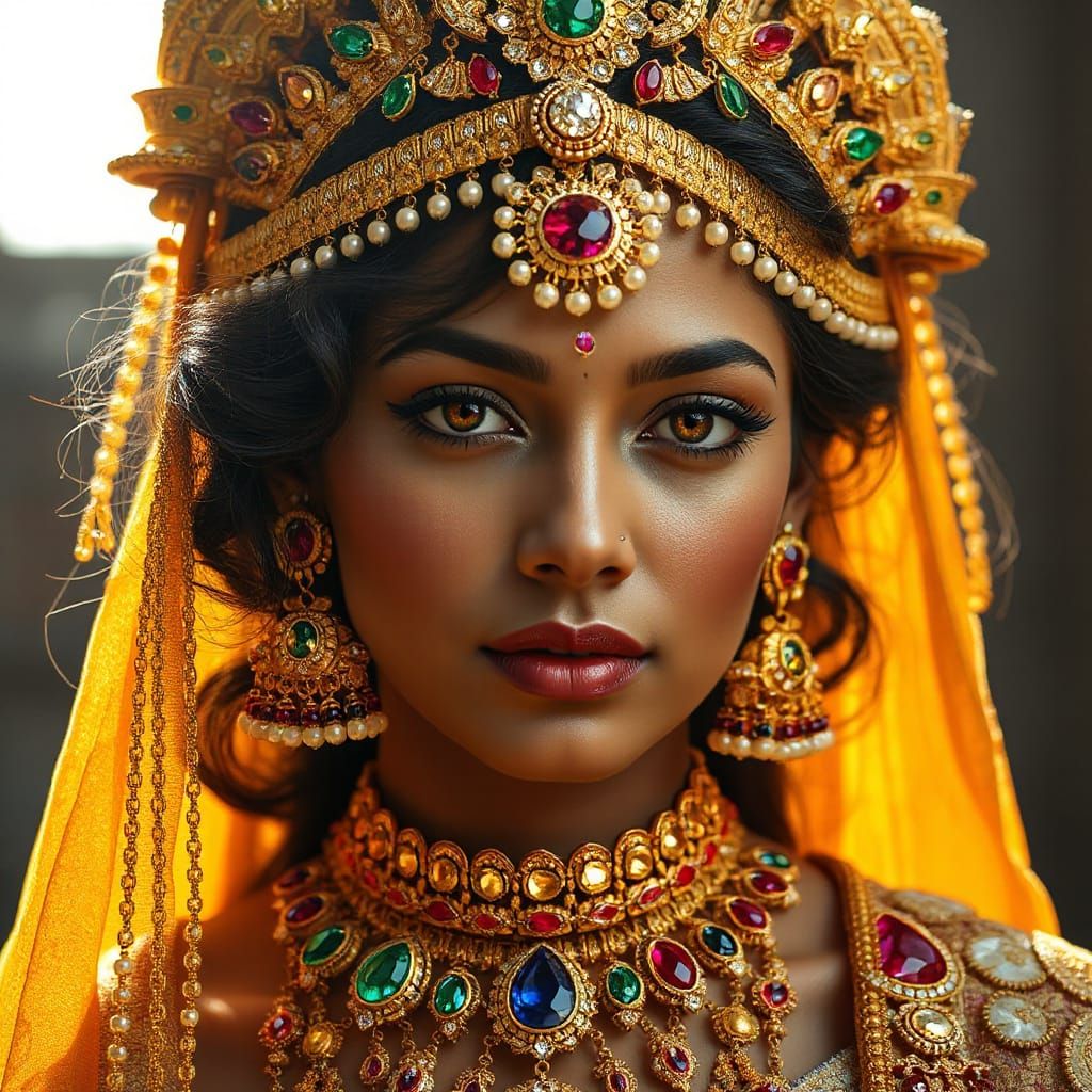hindu princess with milk-coffee coloured skin, bedecked with jewels.