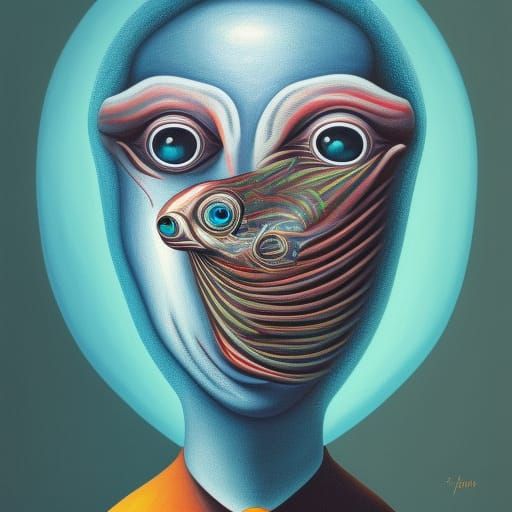 a painting of a man with a strange face, fish clearly visible, mouth ...