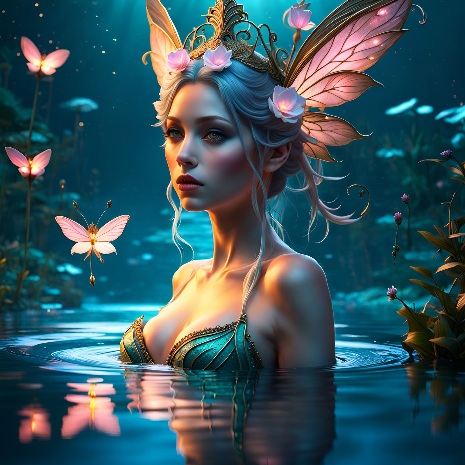 Fairy in the lake bathing in the moonlight - AI Generated Artwork - NightCafe Creator