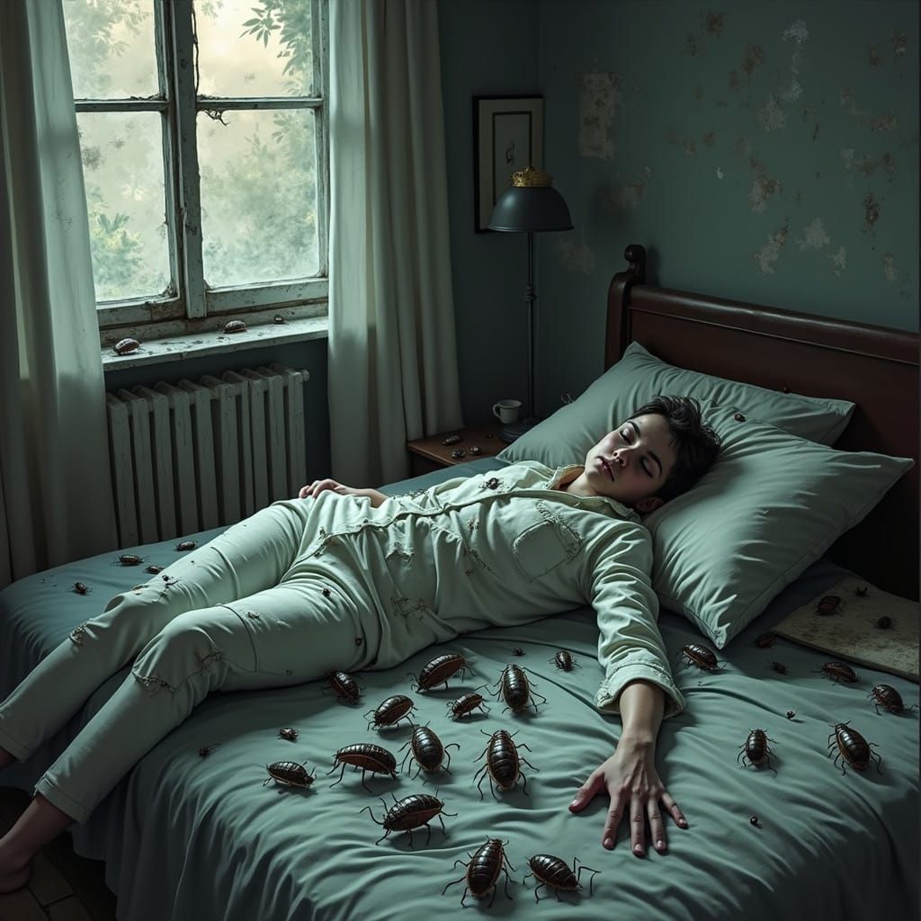 A person, dressed in tattered and worn pajamas, lies restless on a ...