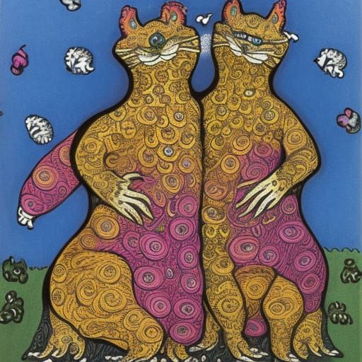 two monsters hugging each other, in style of Louis Wain - AI Generated ...