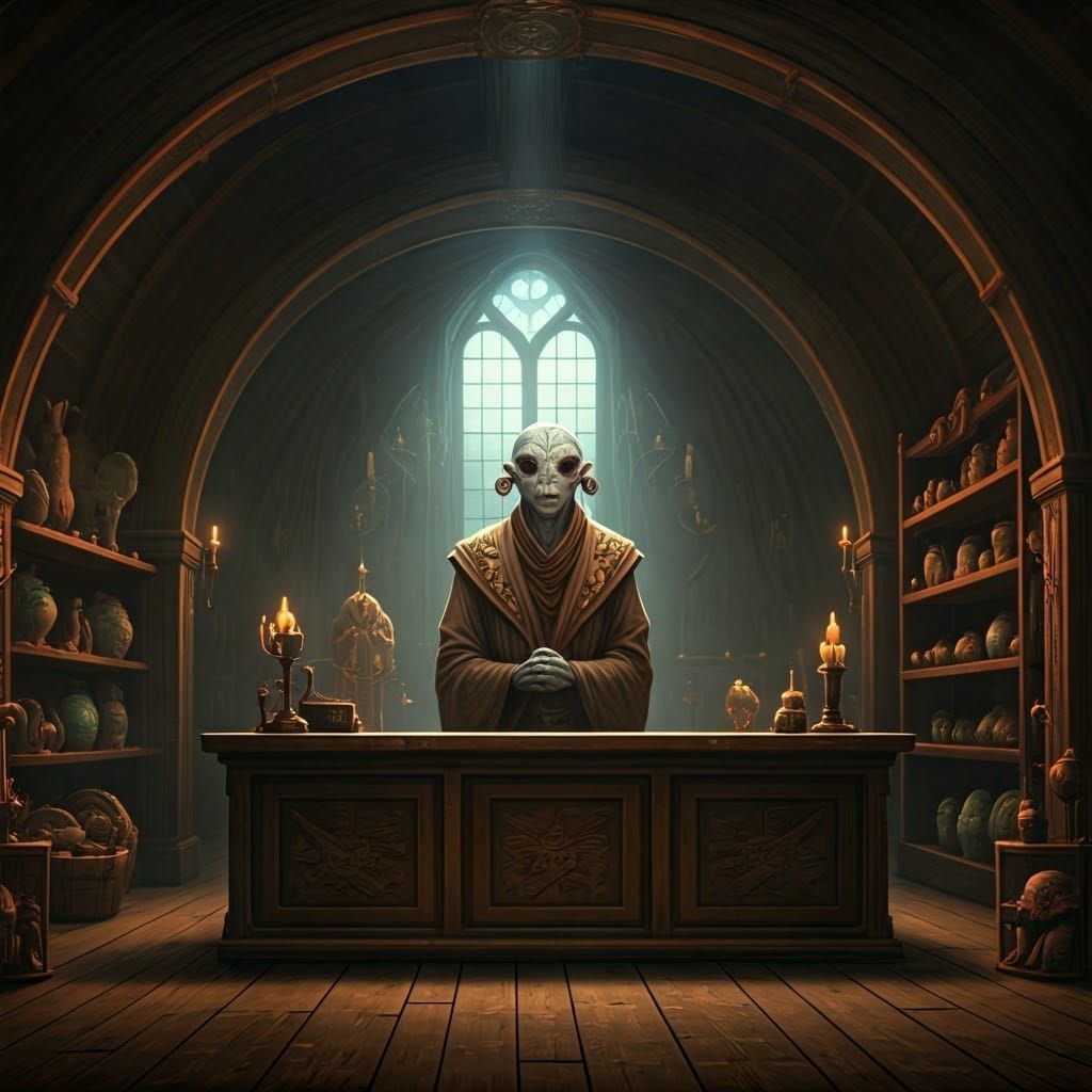Ethereal Merchant in Hyperrealistic Shop - AI Art