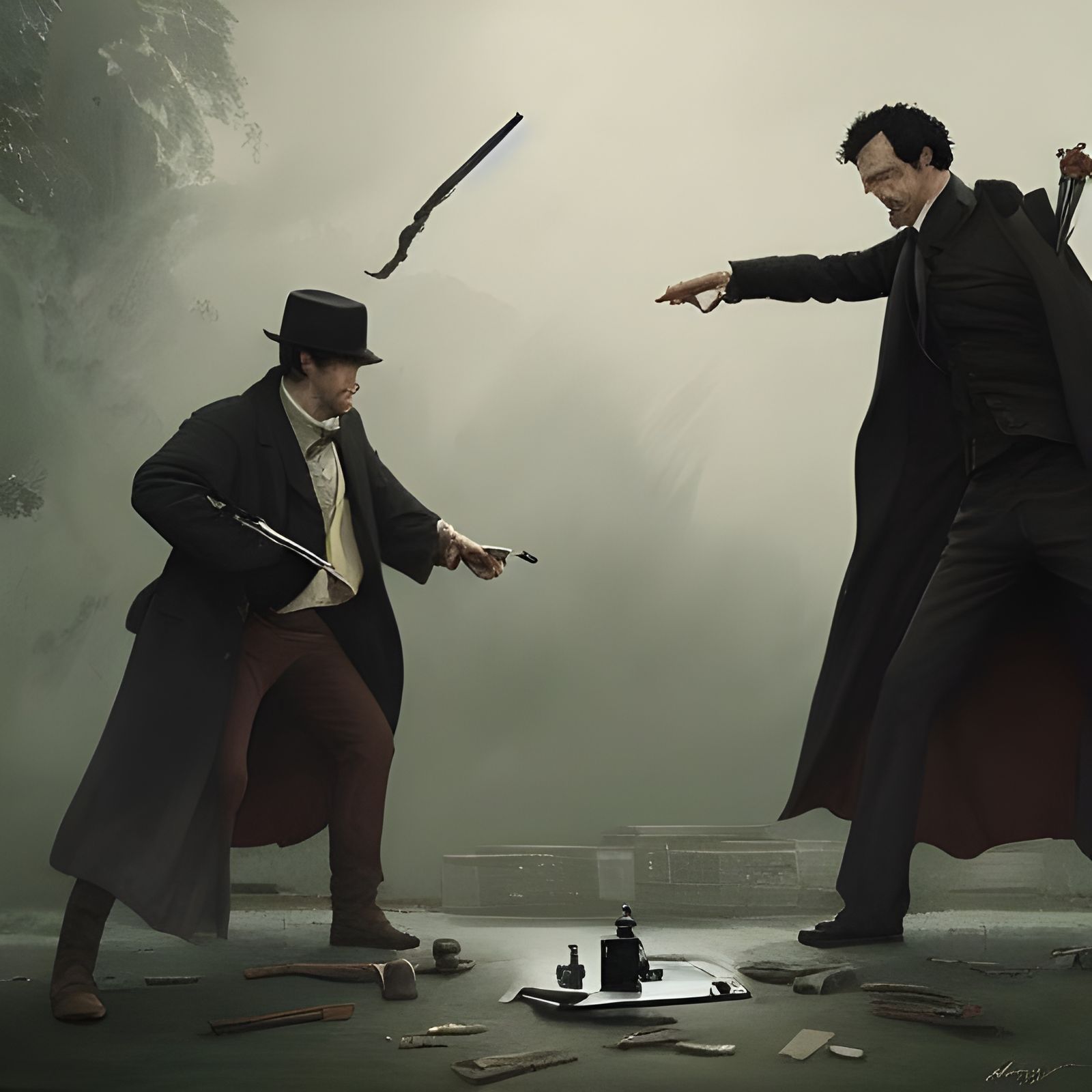 Sherlock Holmes and Profesor Moriarty duel - AI Generated Artwork - NightCafe Creator