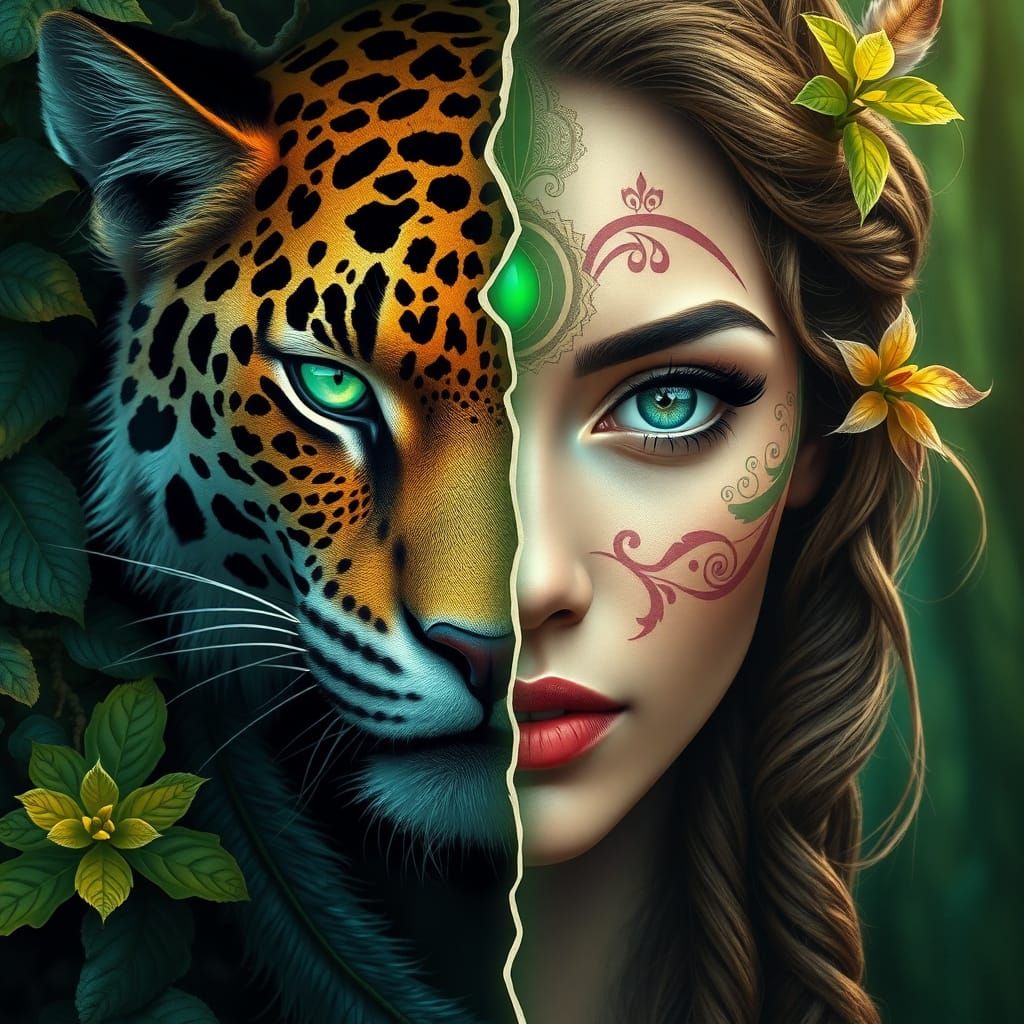 A majestic woman's face, bisected down the middle, with one side ...