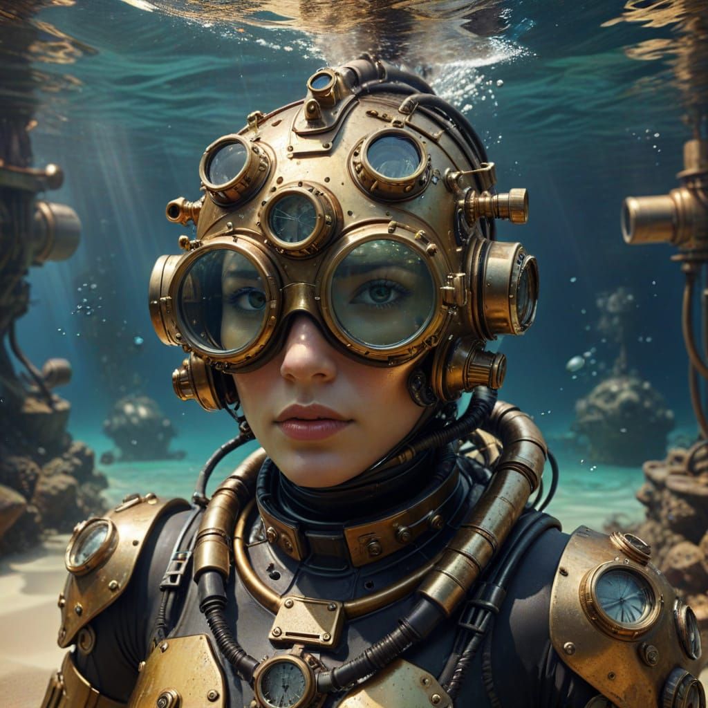 Human Life Underwater - Dieselpunk Cyborg Diver in Golden Li...