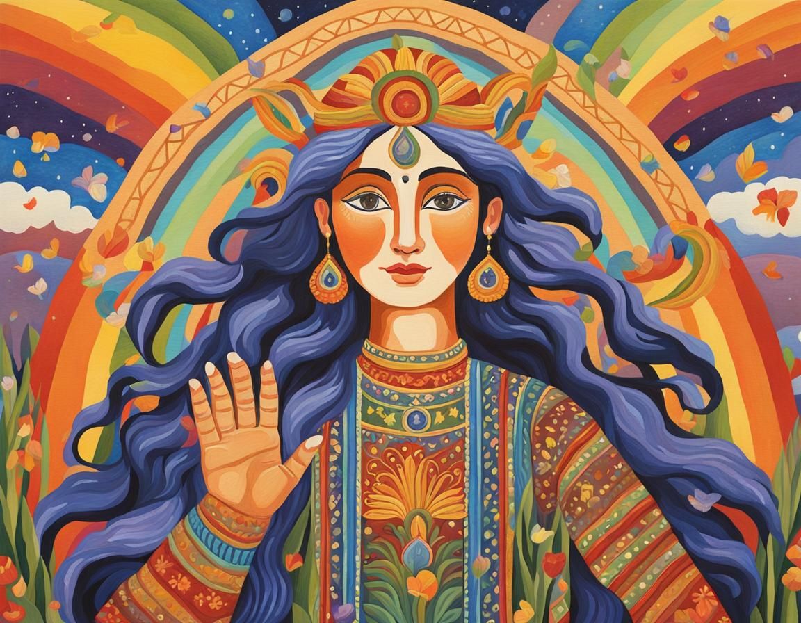Folk art style, Iris the goddess of rainbows welcoming crowds of people ...