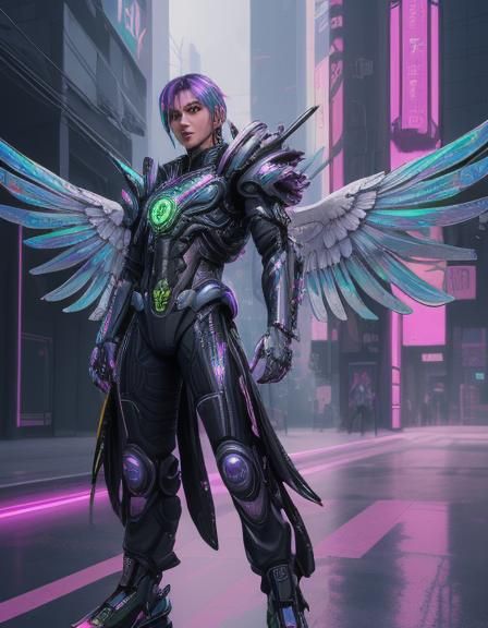 (intricately detailed futuristic artwork of a humanoid cyberpunk parrot ...