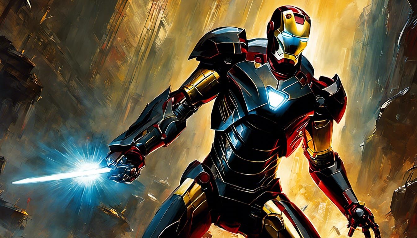 "Iron Man made of black steel holding spear with shooting beam from his ...