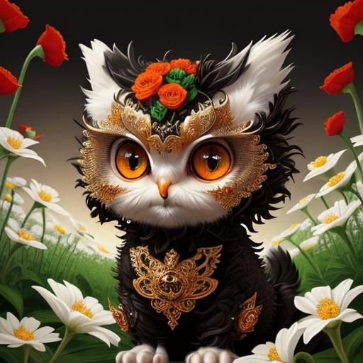 Close up of a cute monster cat with a tilted head in a field of flowers ...