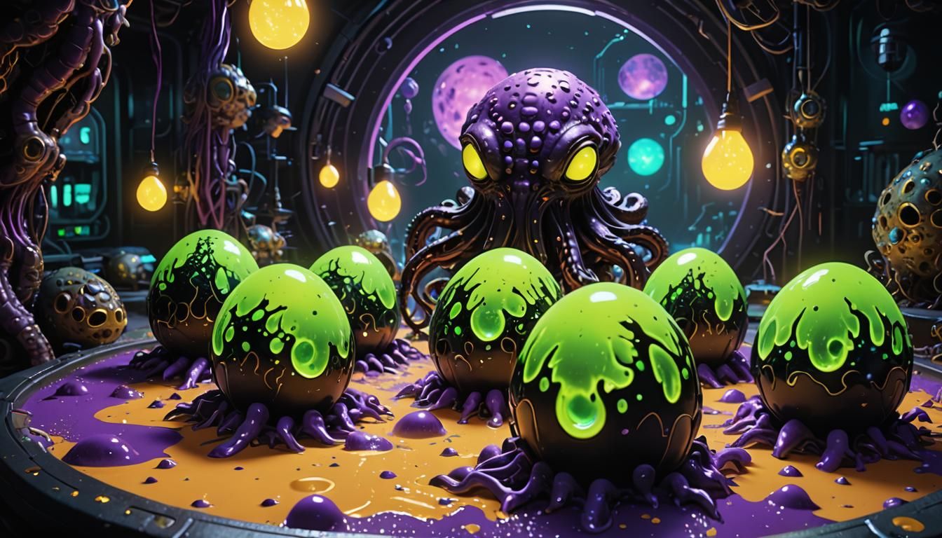 Gold, black, galaxy, neon green fluorescent bioluminescence alien ...