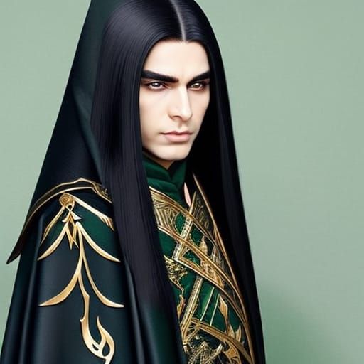 Handsome thin-faced wizard with long black hair and dark eyes, wearing ...
