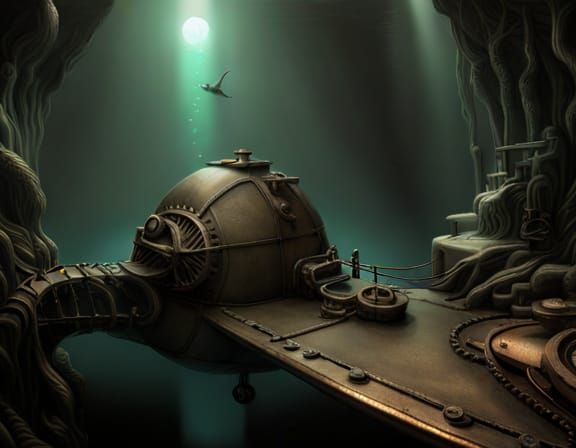 steampunk submarine engraved with runes sailing in a deep ocean ravine ...