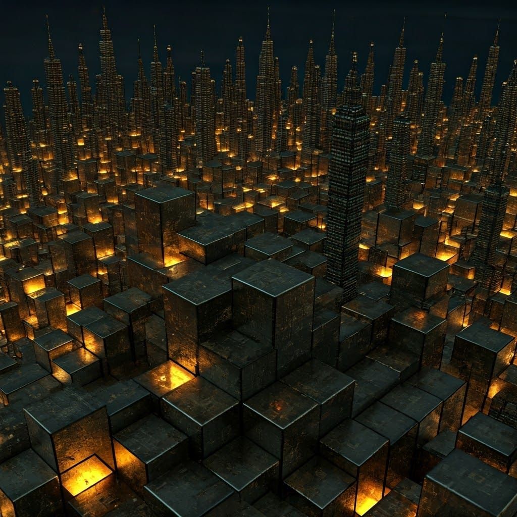 A futuristic city made entirely of glowing cubes.