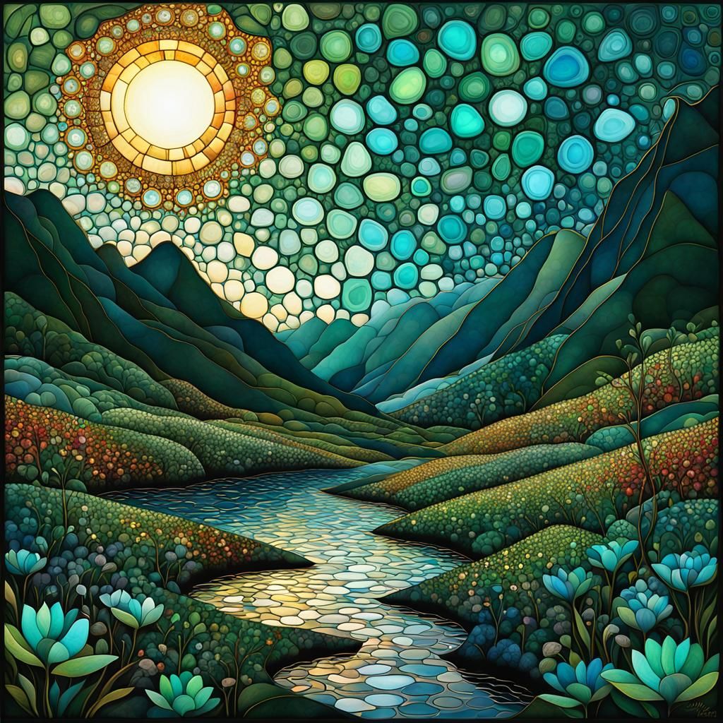 "Emerald evening", flower field, river whispers, jade mountains. sun ...