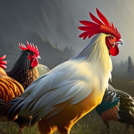 roosters and chickens, 8k resolution concept art portrait by Greg ...