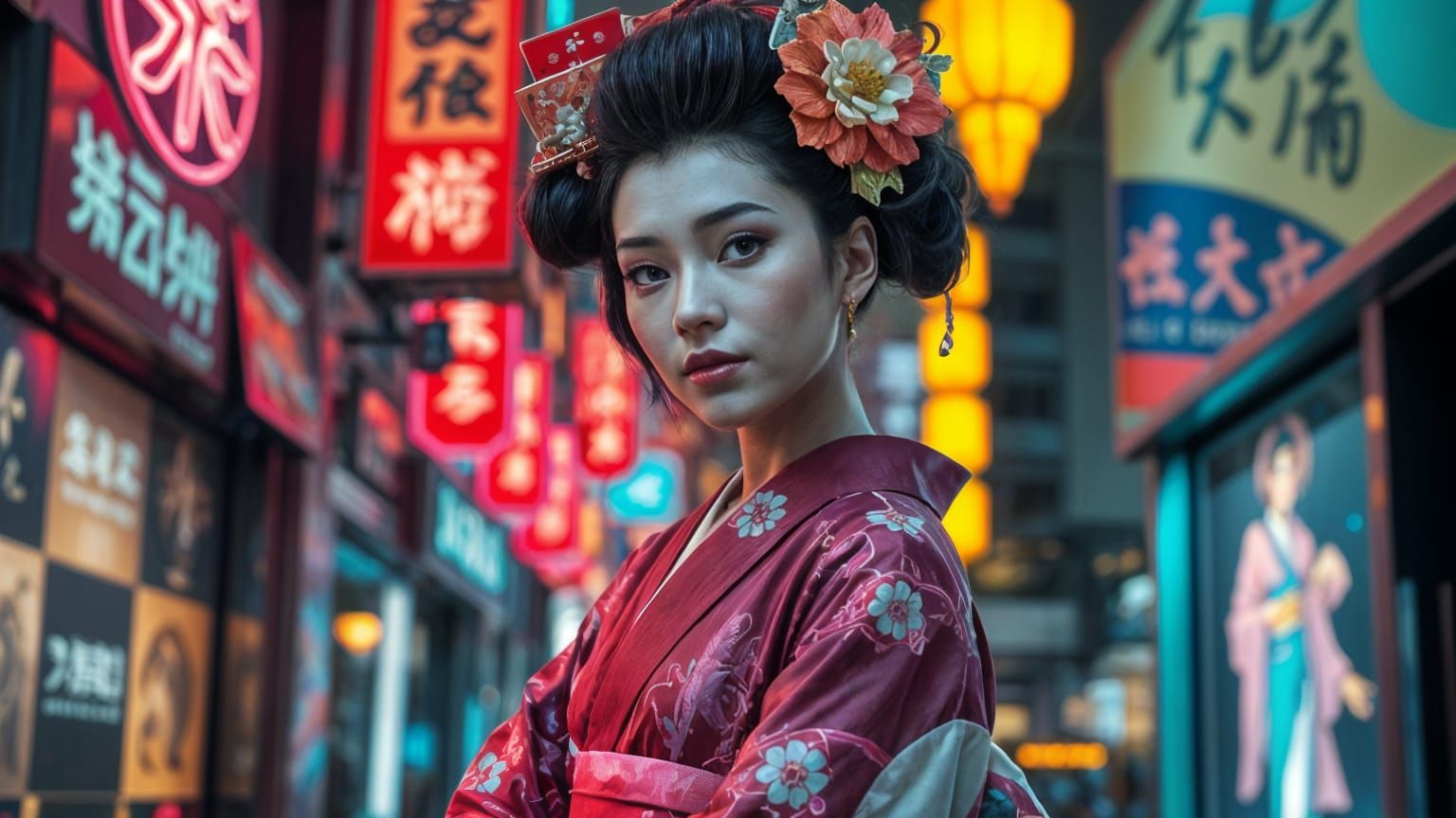 geisha with intricate enhancements and a traditional kimono adorned ...