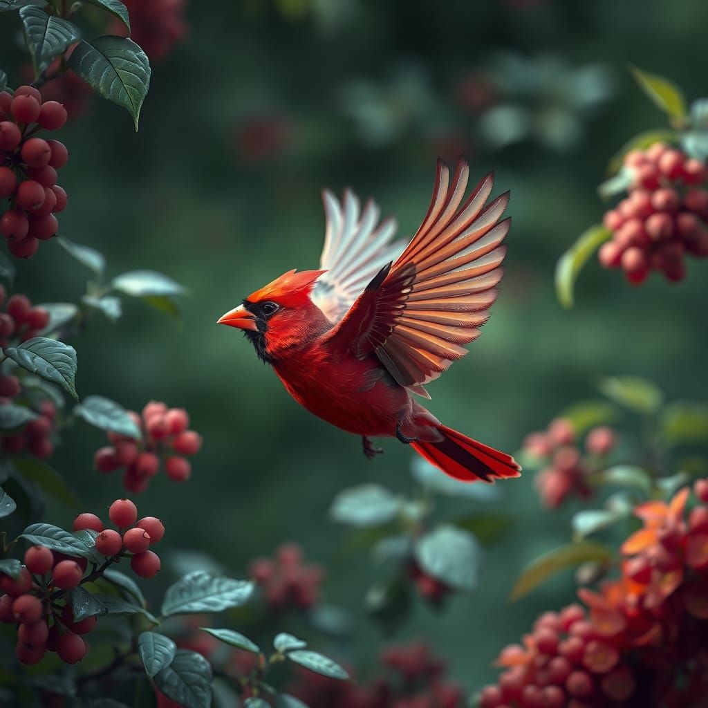 Red cardinal flying - Vibrant Red Cardinal in Fantasy Fligh...