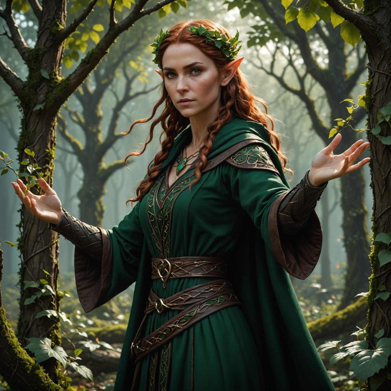 Beautiful female elf druid wearing dark green robes with brown trim.